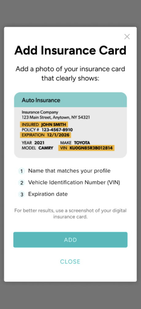 Adding your vehicle's proof of insurance